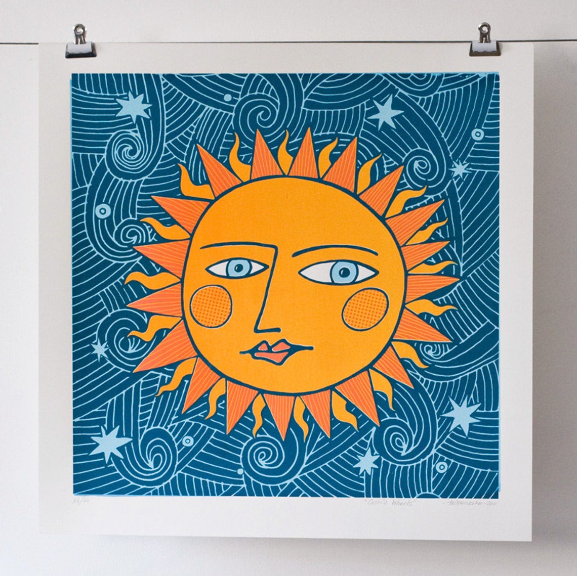 Celestial Sun Art, Sun Face Art Print, Limited Edition Silk Screen ...