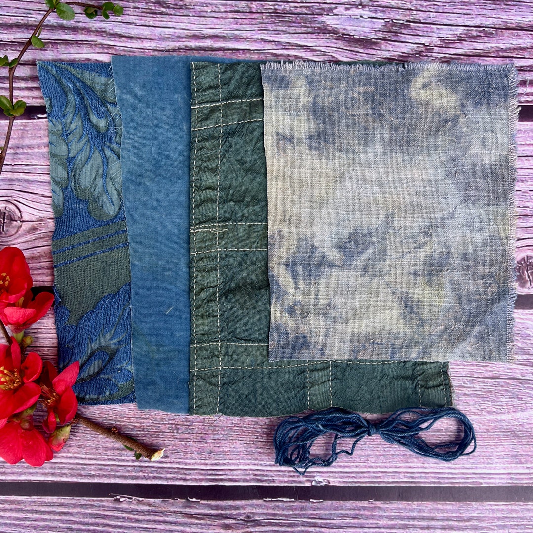 Botanical Dyed Textured Fabric Sampler Green and Blue Indigo Dyed ...
