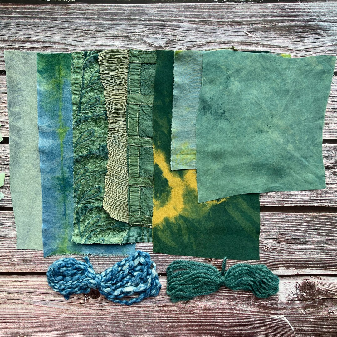 Plant Dyed Fabric Pack Indigo Blue Green Textile Collage Sampler Fiber ...