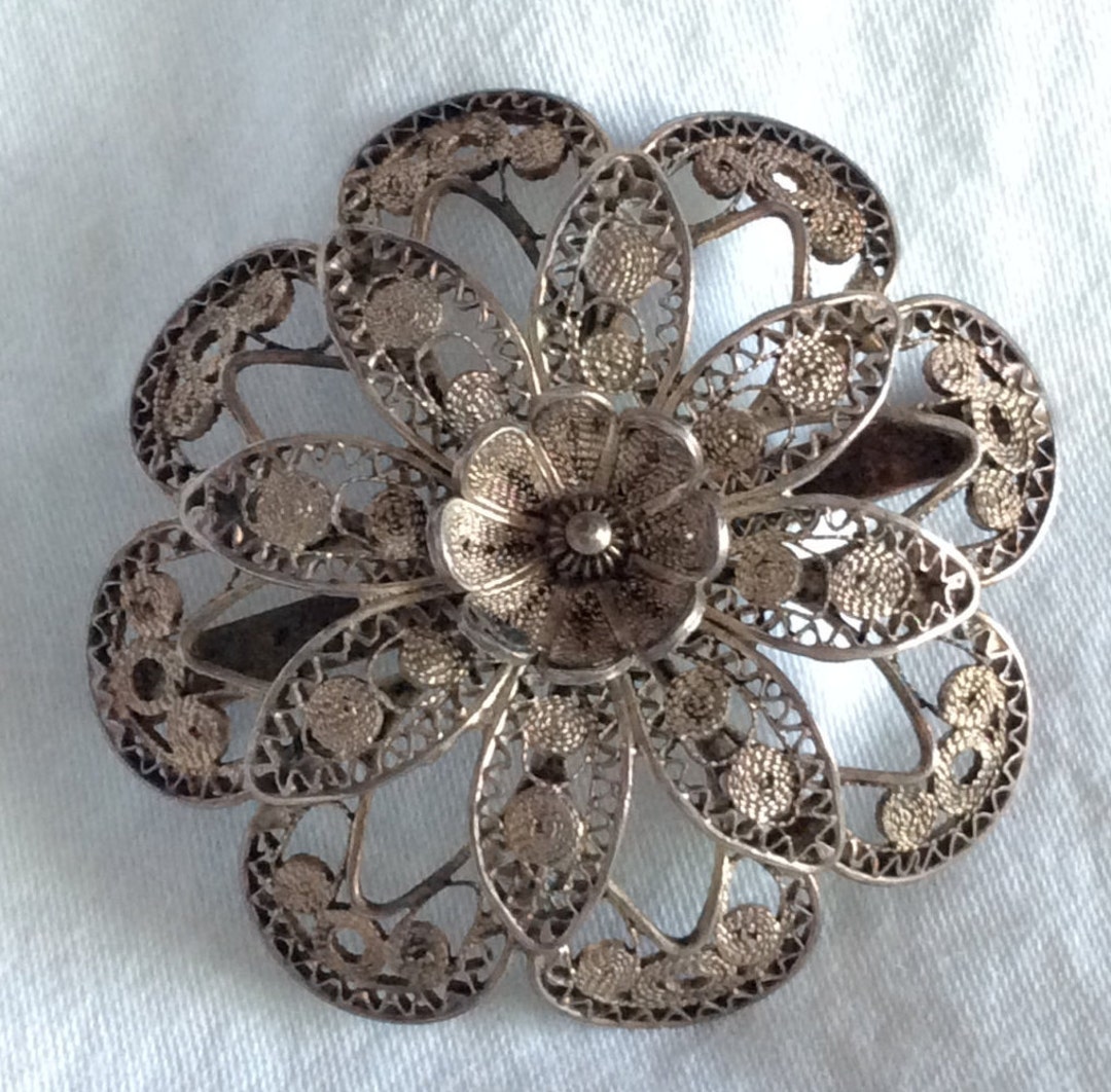 Antique 800 Silver Filigree Brooch – Handmade Trombone Clasp - Etsy