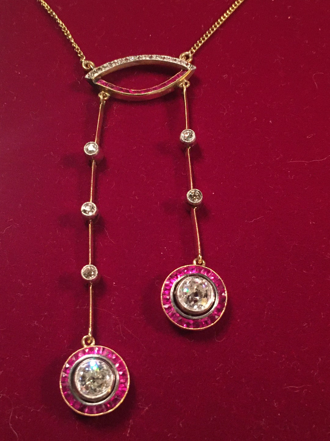 Antique Art Deco Diamond and Ruby Lavaliere Necklace - Platinum and 18k ...