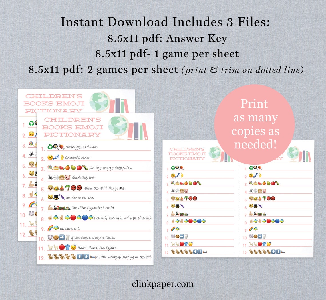 Children's Books Emoji Pictionary- Baby Shower Game- Instant Download ...