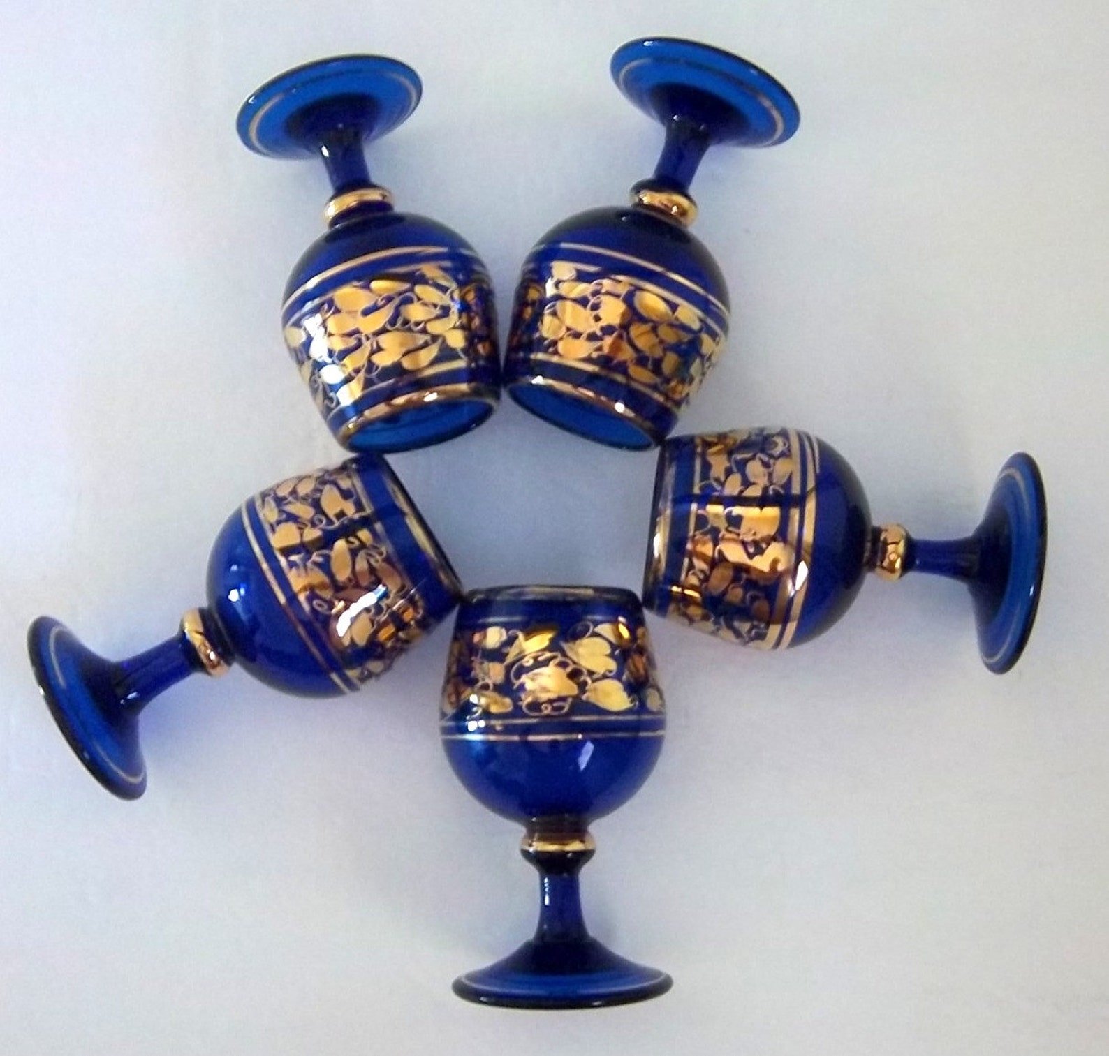 Five Fancy Cobalt Blue and Gold Goblets Blue Glassware - Etsy