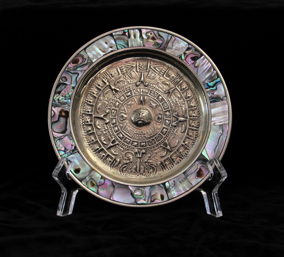 Silver and Abalone Tribal Aztec Sun Dial Wall Hanging Dish Primitive ...