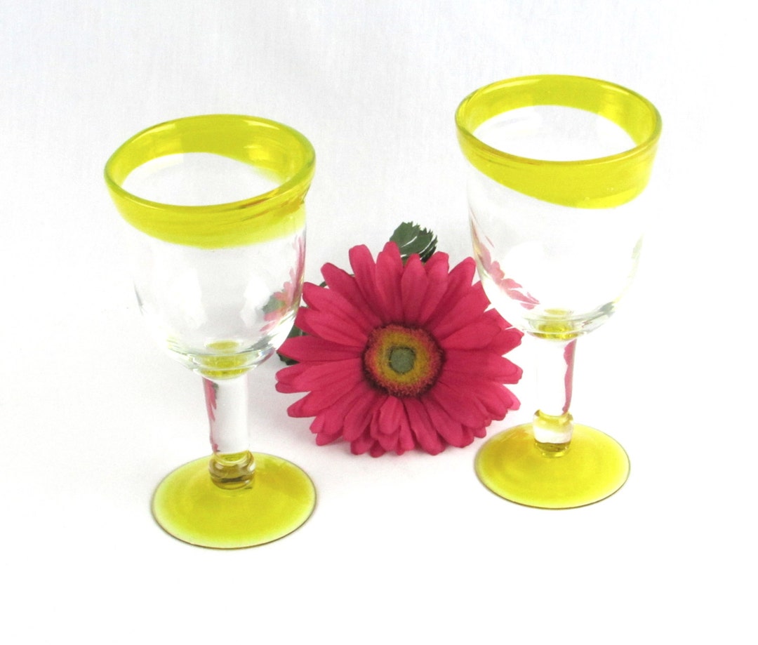 Tall Hand Blown Yellow Glass Goblets - Glasses Pair - Unique Wine ...