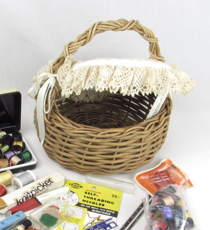 Old Fashioned Handbasket With Sewing Notions Shown Wicker | Etsy