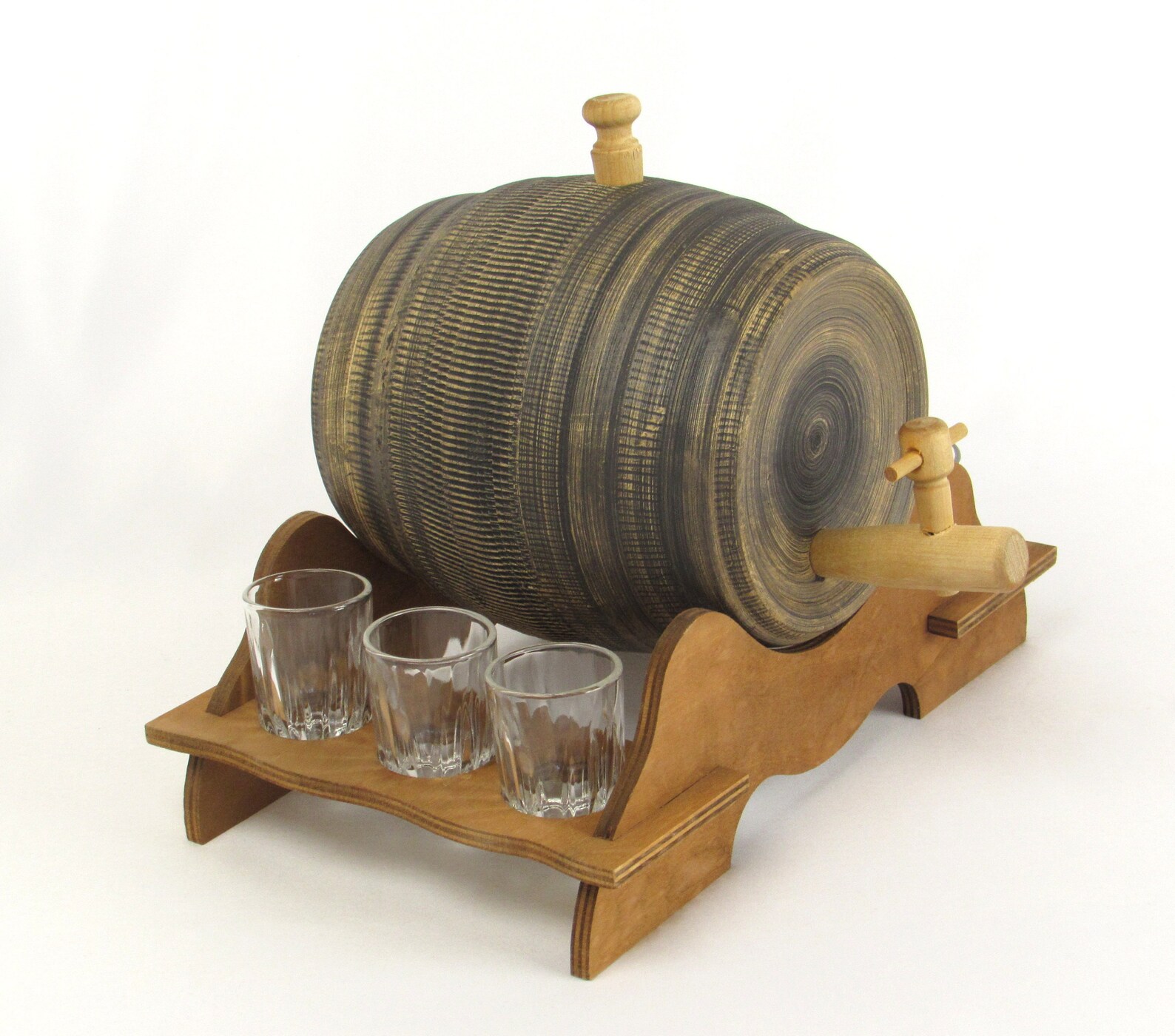 Whiskey Barrel on Wooden Stand With Six Shot Glasses Set by - Etsy