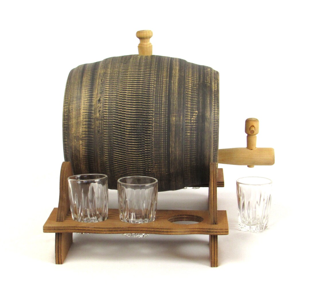 Whiskey Barrel on Wooden Stand With Six Shot Glasses Set by | Etsy