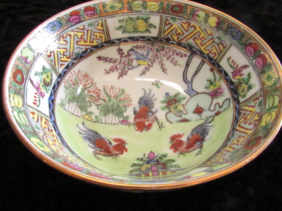 Cherry Blossom Boughs and Roosters Bowl - 22K Gold Gilded - Colorful ...