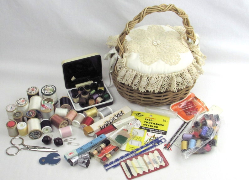 Old Fashioned Handbasket With Sewing Notions Shown Wicker | Etsy