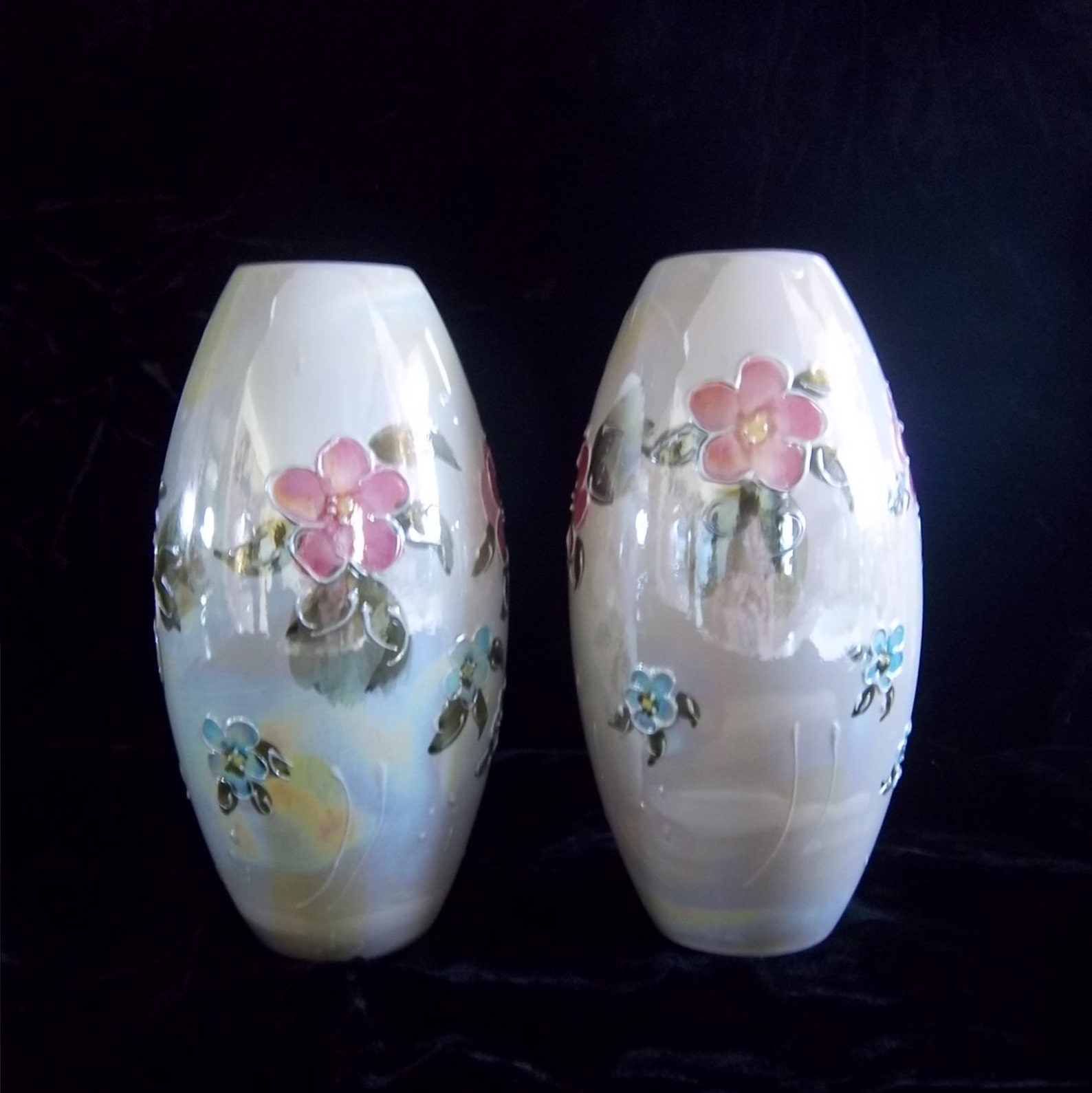Iridescent White Luster Raised Relief Floral Vases Pair - Etsy