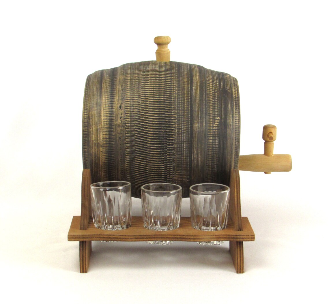 Whiskey Barrel on Wooden Stand With Six Shot Glasses Set by | Etsy