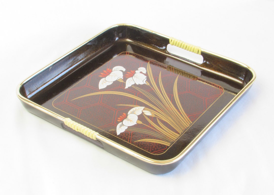 Pretty Floral Lacquer Ware Tray in Black With Gold Rim - White Flowers ...