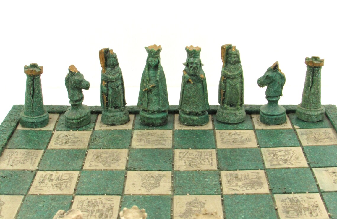 Medieval Chess Set Composite Stone Pieces Etched Board: | Etsy