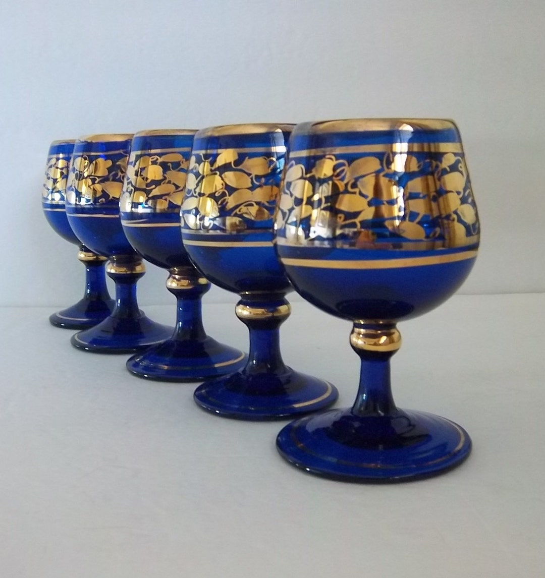 Five Fancy Cobalt Blue and Gold Goblets - Blue Glassware - Rich 22K ...