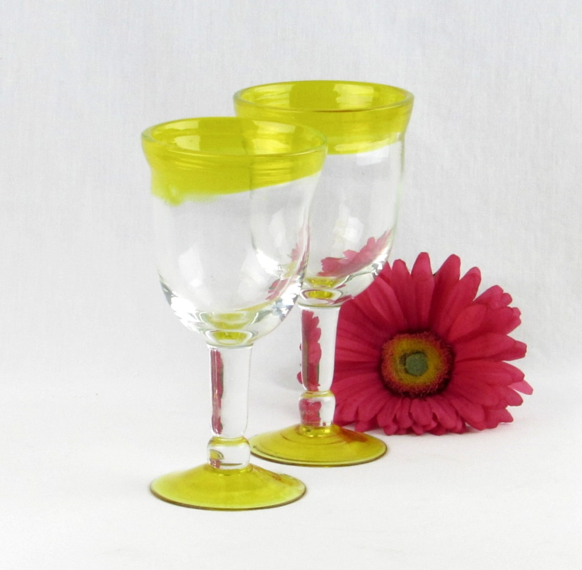 Tall Hand Blown Yellow Glass Goblets Glasses Pair Unique - Etsy