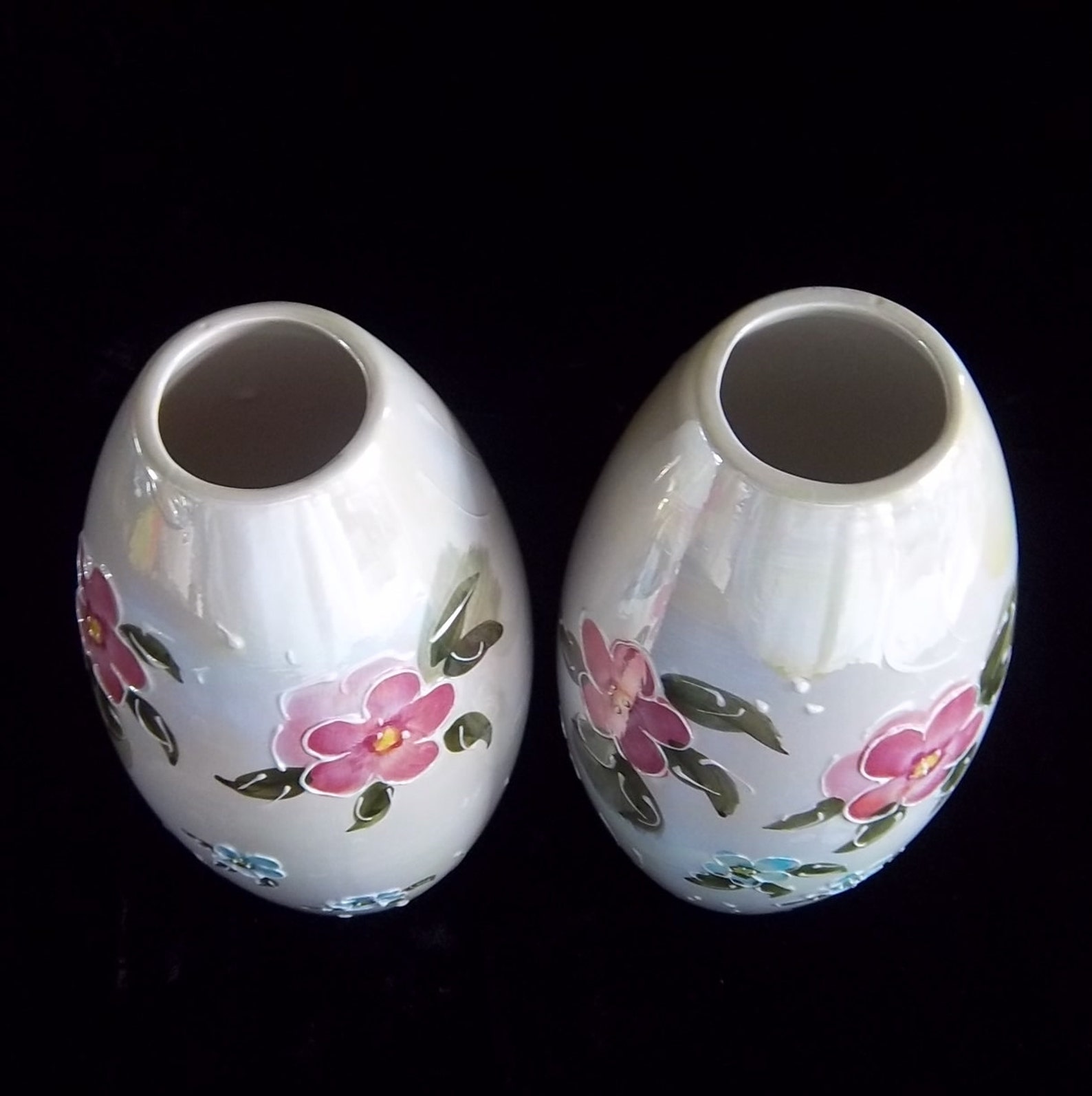 Iridescent White Luster Raised Relief Floral Vases Pair | Etsy