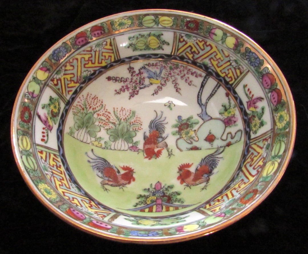 Cherry Blossom Boughs and Roosters Bowl - 22K Gold Gilded - Colorful ...