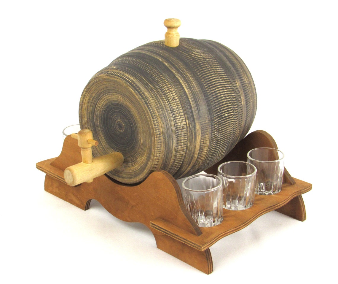 Whiskey Barrel on Wooden Stand With Six Shot Glasses Set by | Etsy