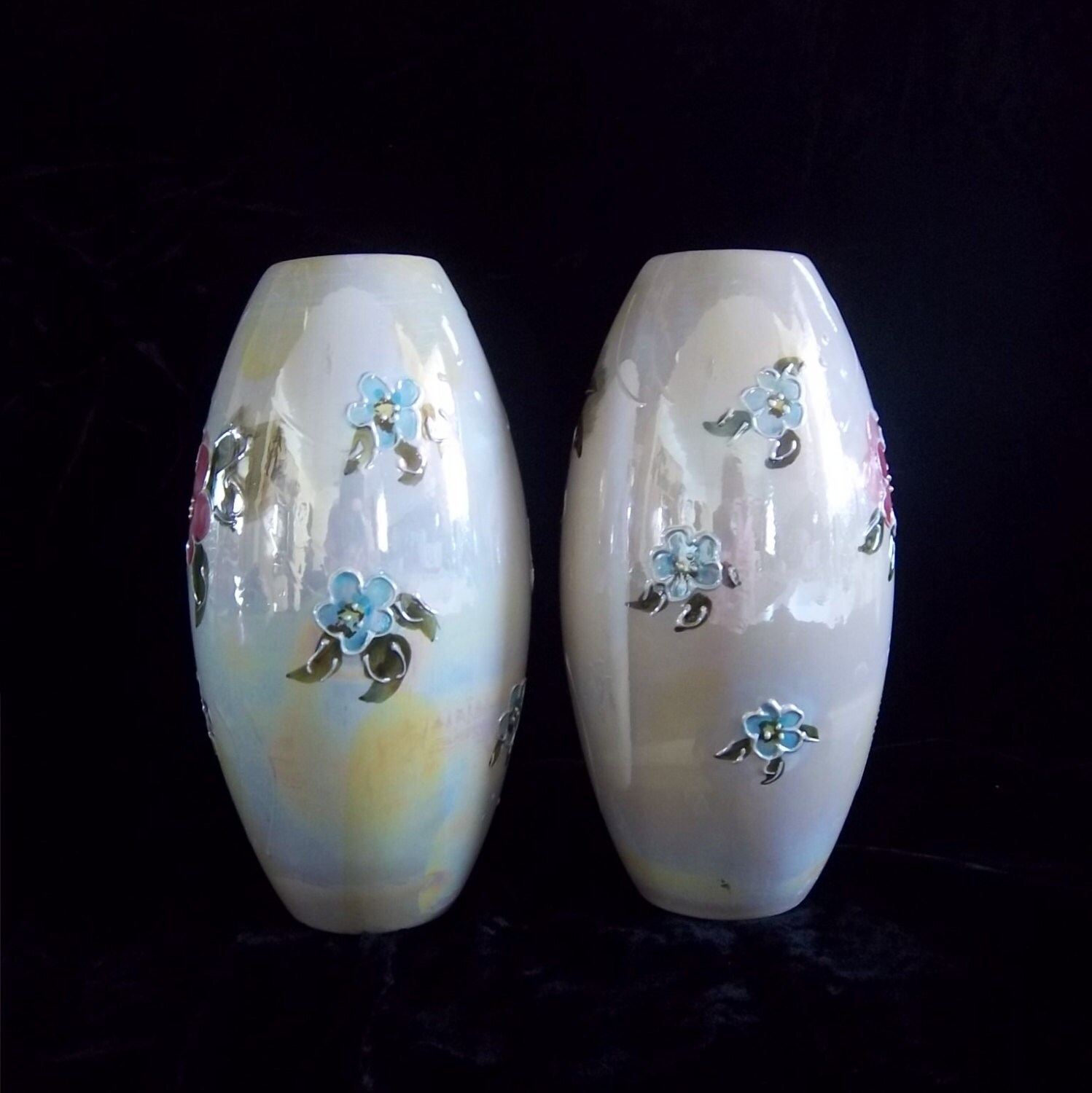 Iridescent White Luster Raised Relief Floral Vases Pair | Etsy