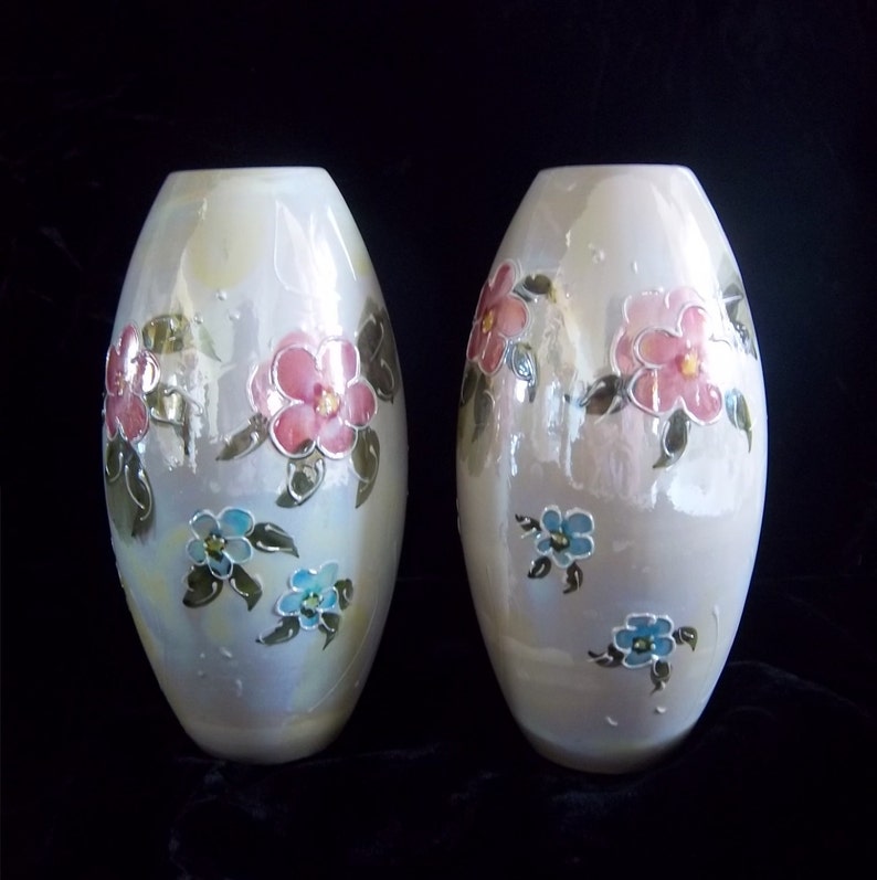 Iridescent White Luster Raised Relief Floral Vases Pair | Etsy