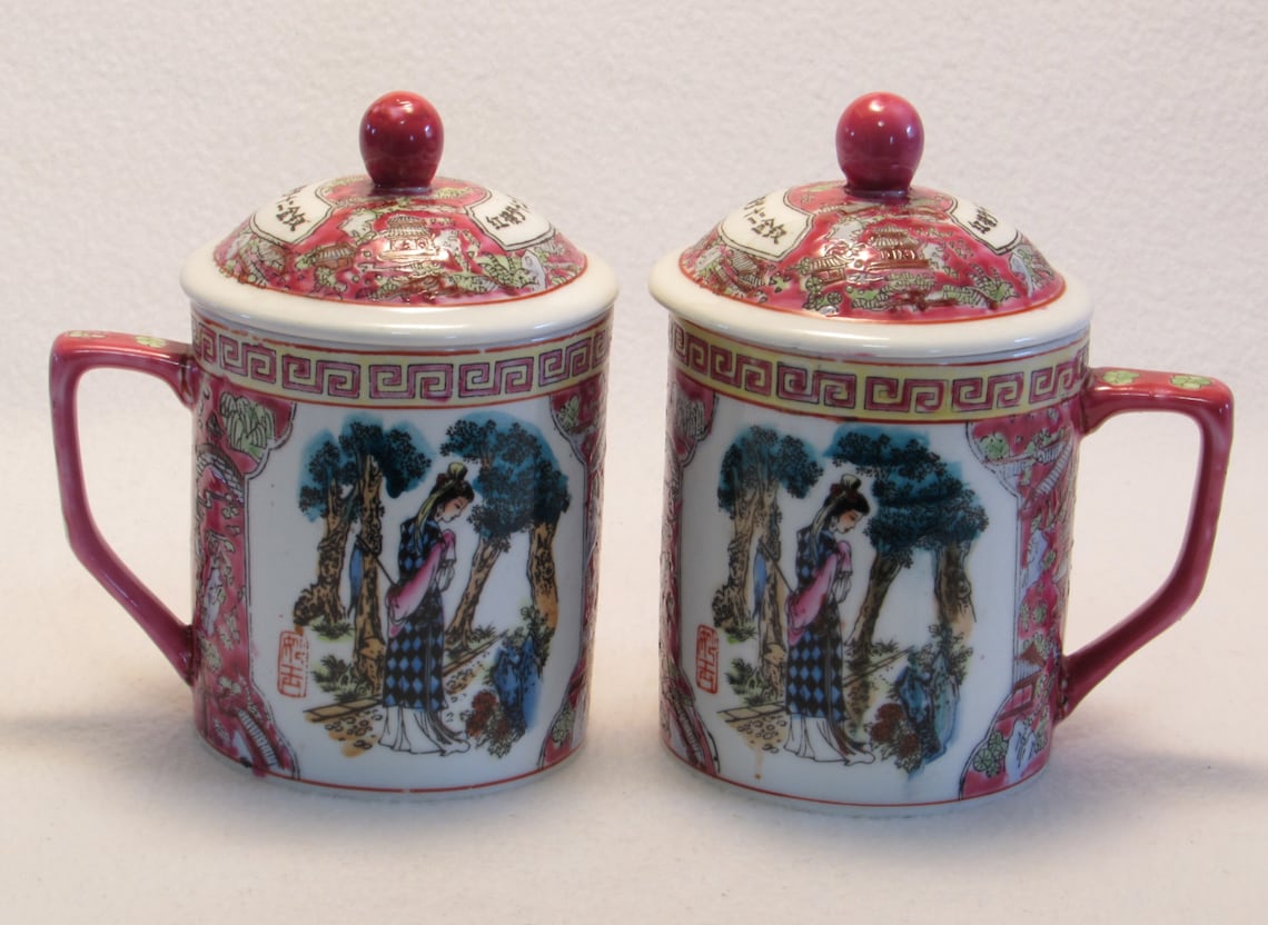 Pair of Asian Geisha Coffee or Tea Cups Mugs With Lids - Etsy
