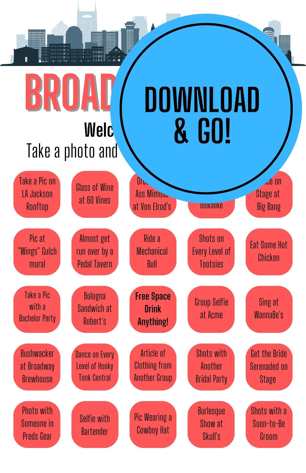 Nashville Broadway Bingo, PRINTABLE, Bachelorette Party Game, Nash Bash ...