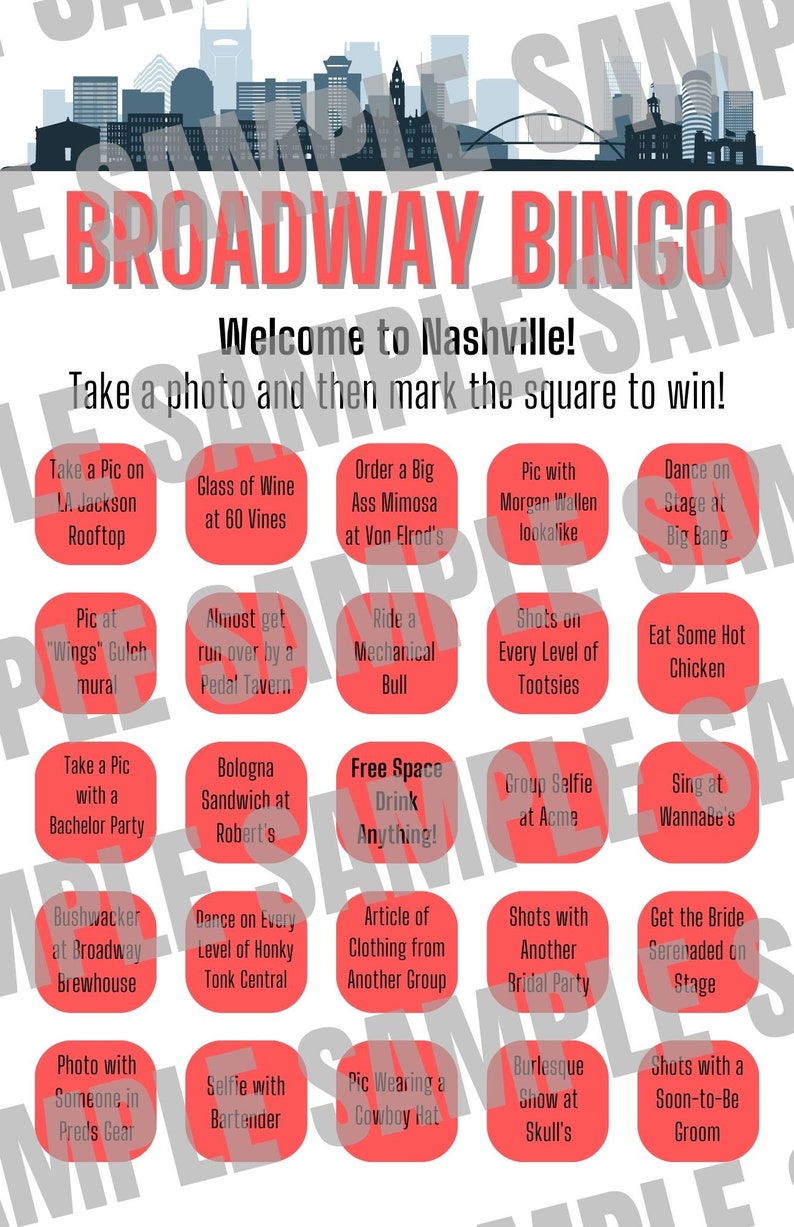 Nashville Broadway Bingo, PRINTABLE, Bachelorette Party Game, Nash Bash ...