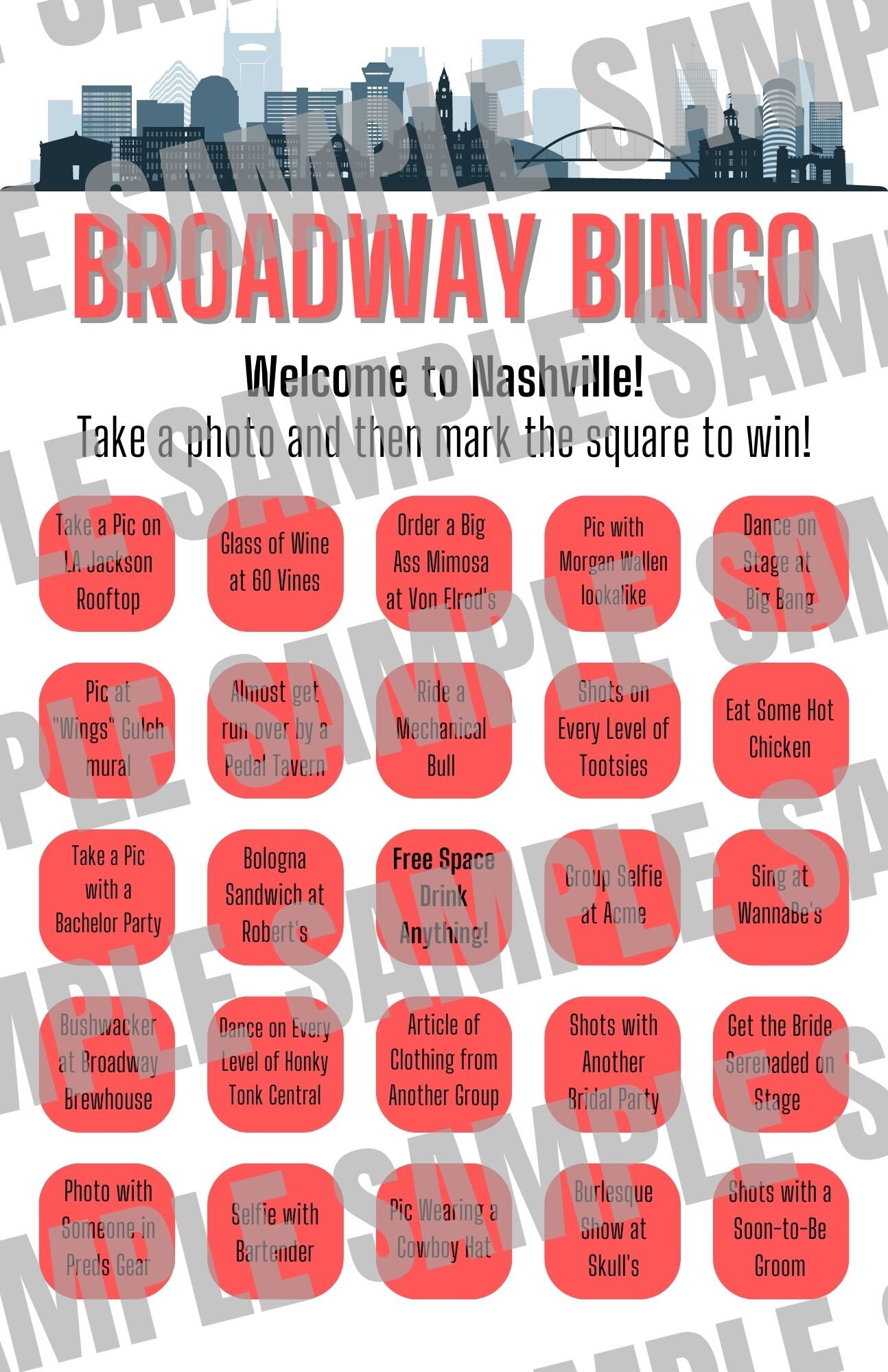 Nashville Broadway Bingo, PRINTABLE, Bachelorette Party Game, Nash Bash ...