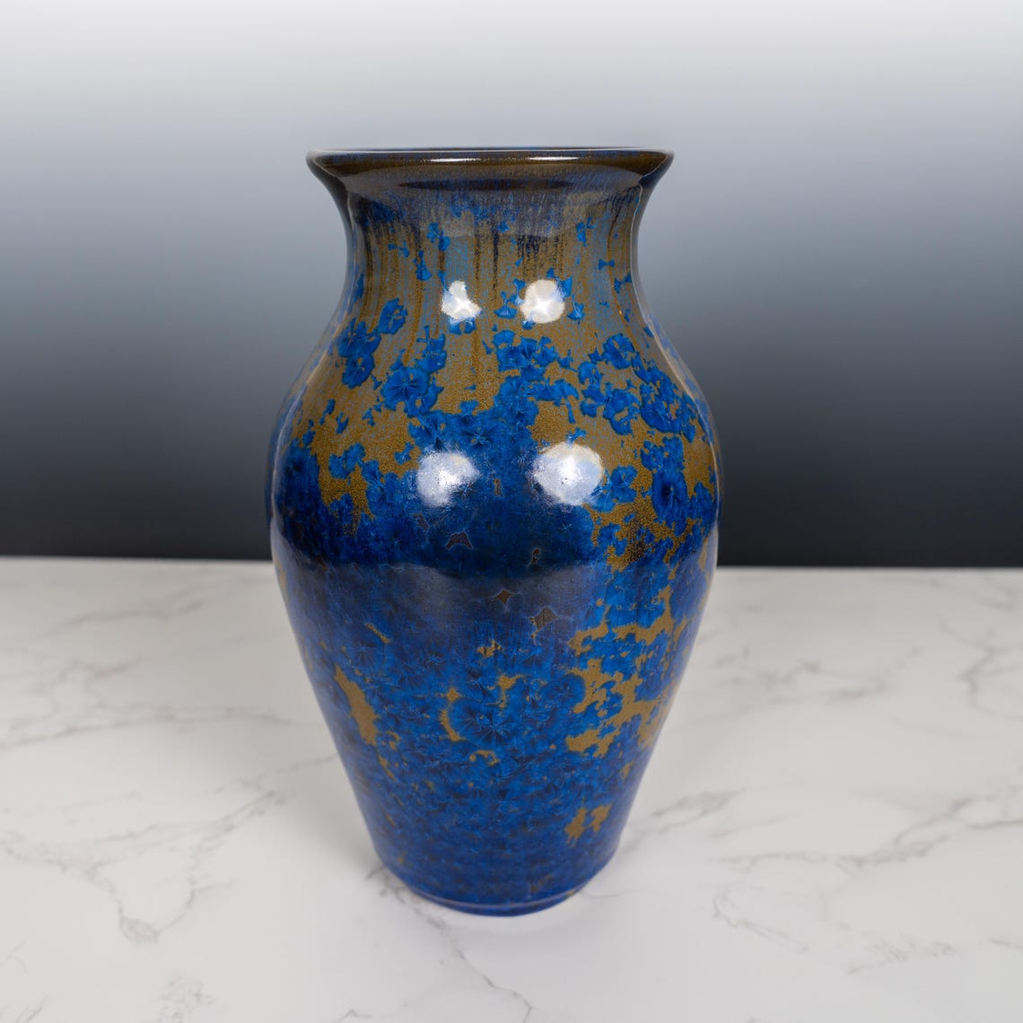 Handmade Crystalline Glaze Vase – One-of-a-kind Blue & Gold Ceramic Art ...