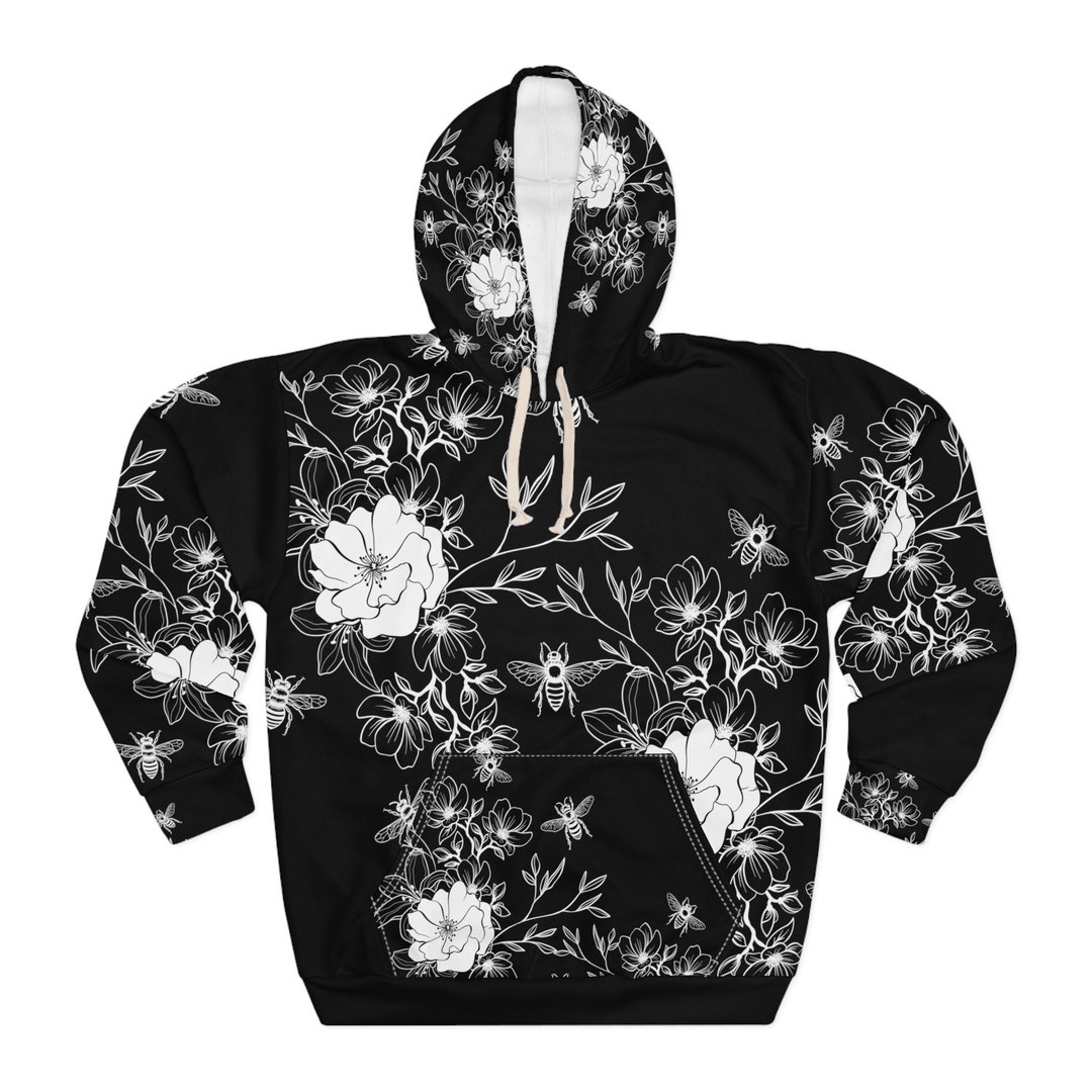 Black and White Floral Pattern Hoodie Full Zip-up - Etsy