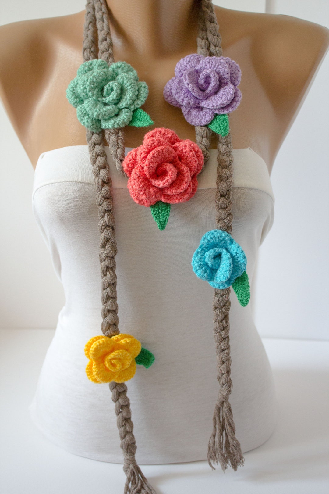 Rose Garden Scarf, Rose Lariat, Spring Scarf, Crochet Scarf, Summer ...