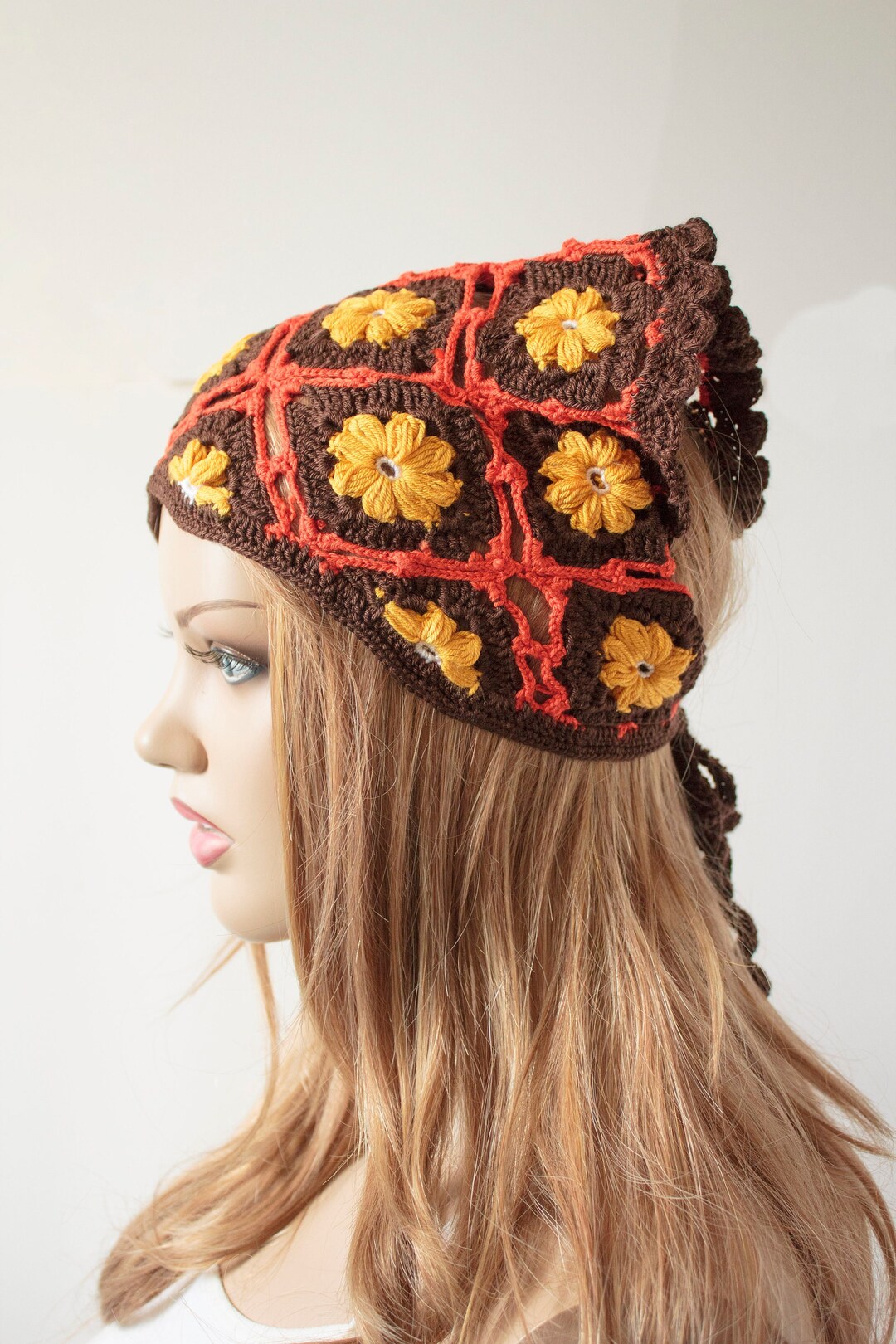 Spring Brown Bandana, Daisy Headband, Hair Scarf, Spring Headband ...