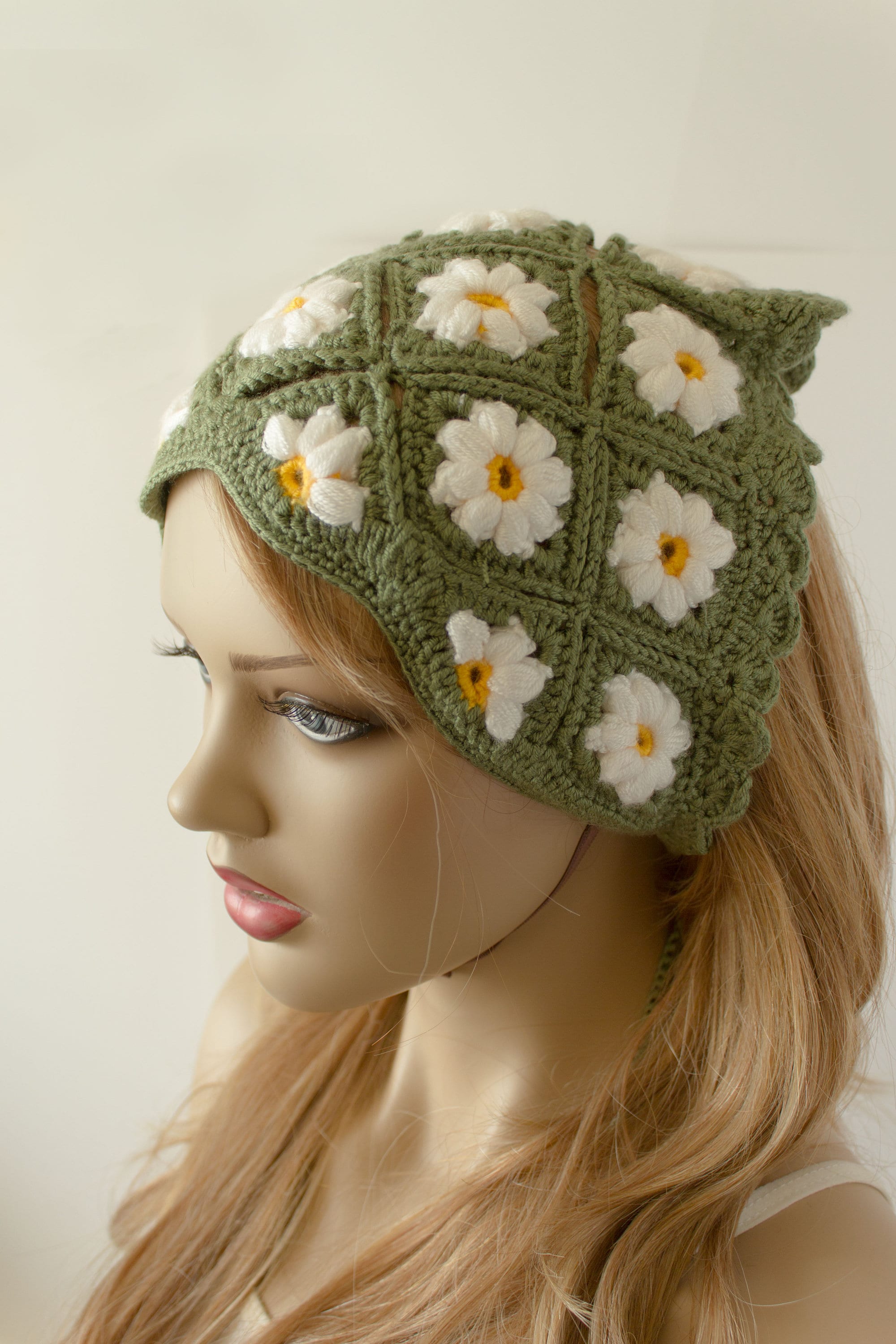 Daisy Headband, Crochet Bandana, Hair Scarf, Retro Spring Headband ...