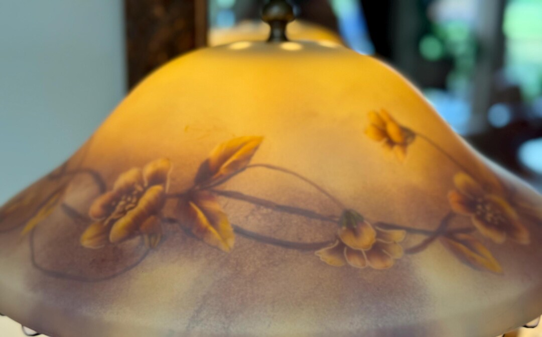 Vintage 18x6” Frosted Glass Shade With Reverse Under Glass Hand Painted ...