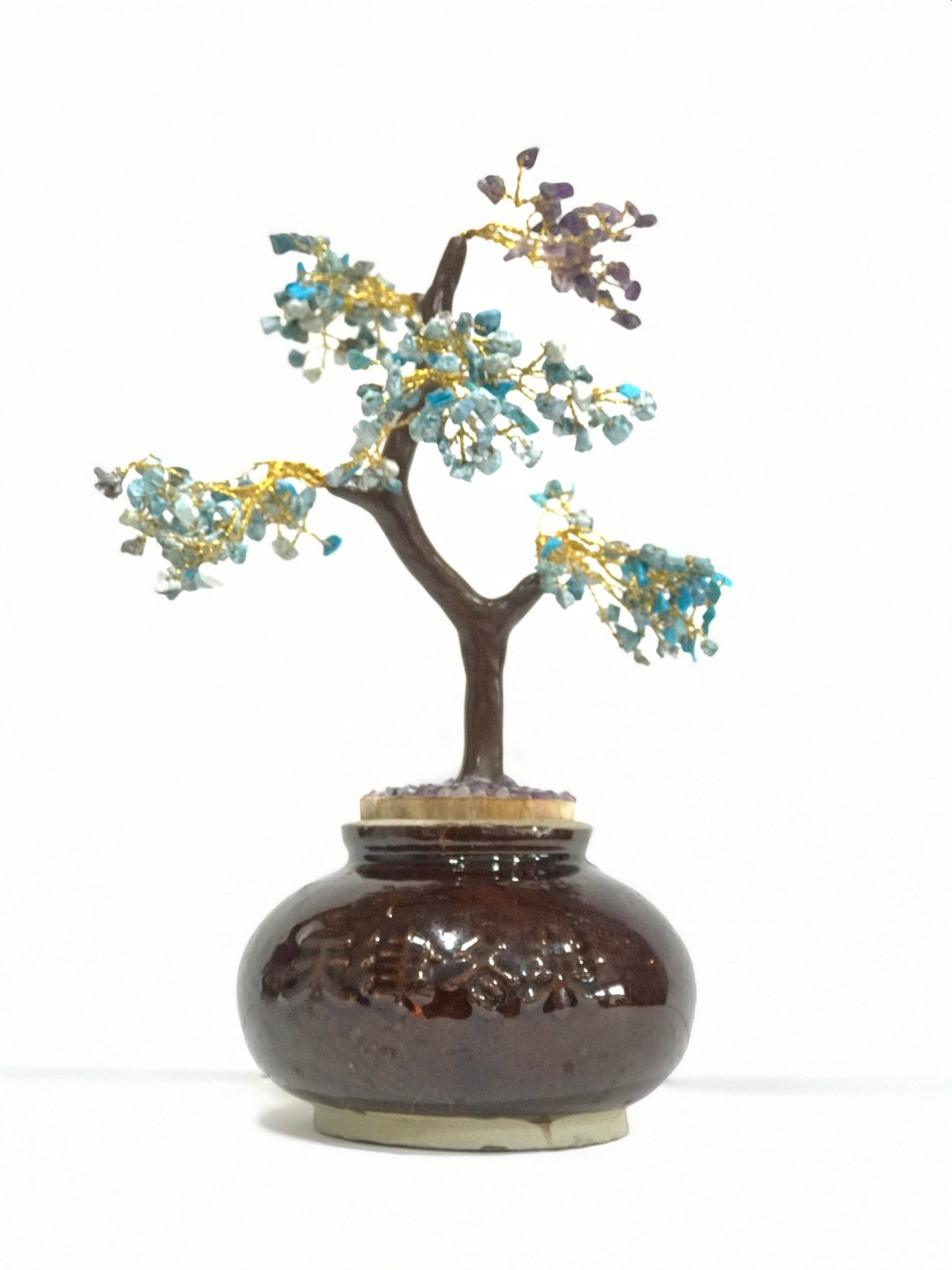Gemstone Bonsai Brass Wire Ming Tree Art Sculpture in Asian Ironstone ...
