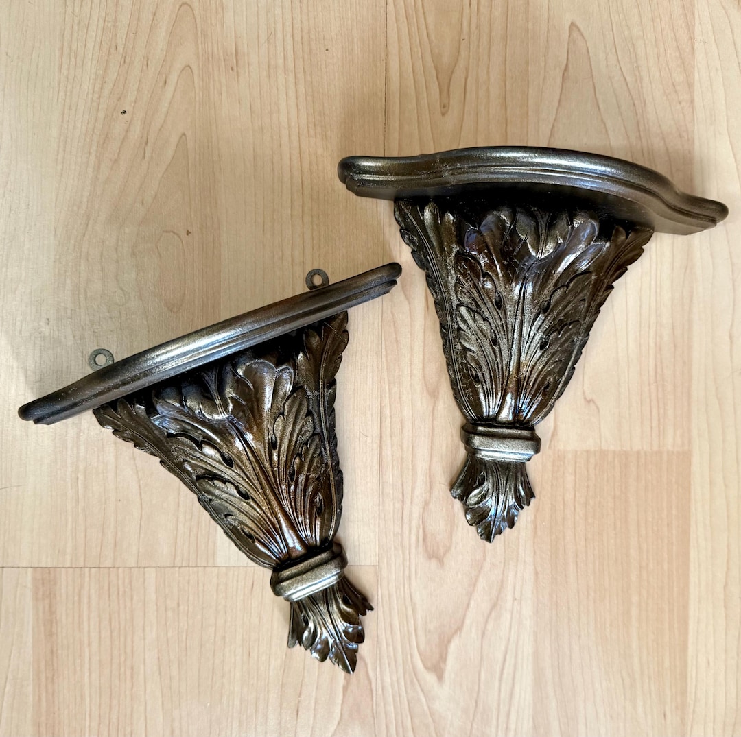 Pair of Bronze Tone Wood Knick Knack Shelves, Mid Century Shelves ...