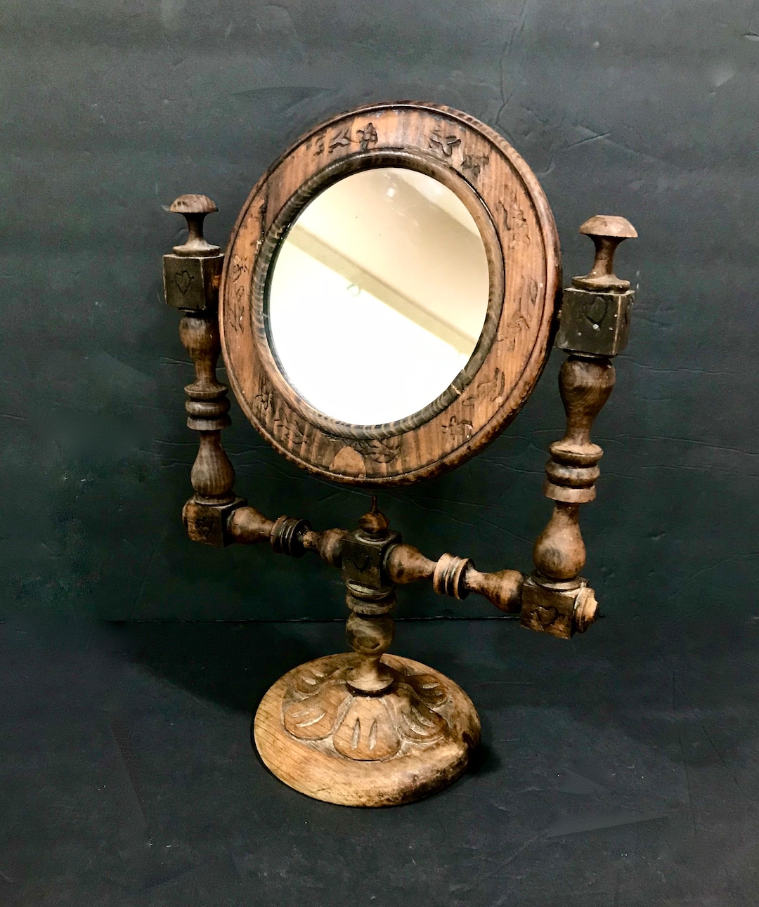 Antique Wood Swivel Shaving Mirror Countertop Vanity Mirror Carved Wood ...