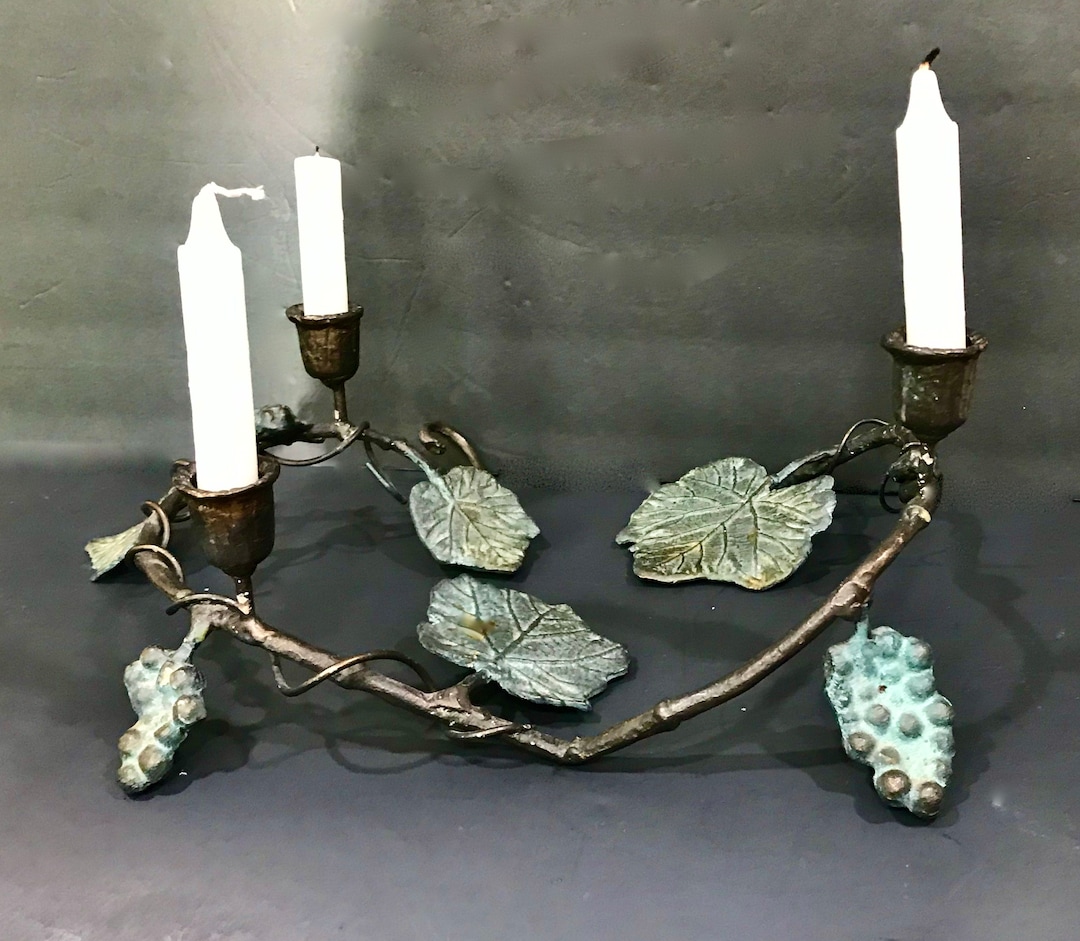 Vintage Solid Bronze Candelabra Frogs on A Grape Vine 3-candlestick Holder, Verdigris Green ...