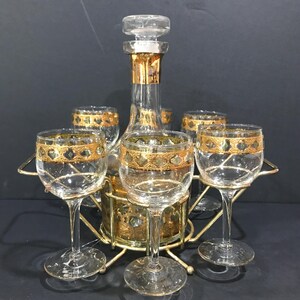 Vintage Culver Valencia Decanter With Stopper 6 Wine Glasses and a Gold ...