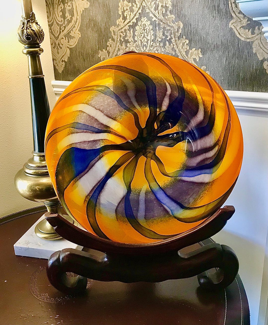 Vibrant Studio Art Glass 16” Low Profile Bowl Orange Cobalt Blue ...