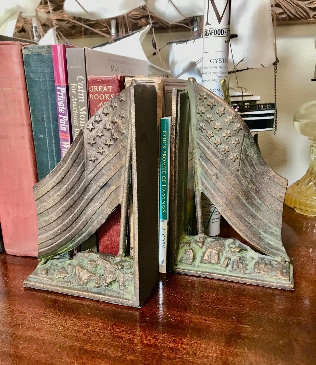 Pair of Cast Iron American Flag Bookends, Antique Verdis Green and ...