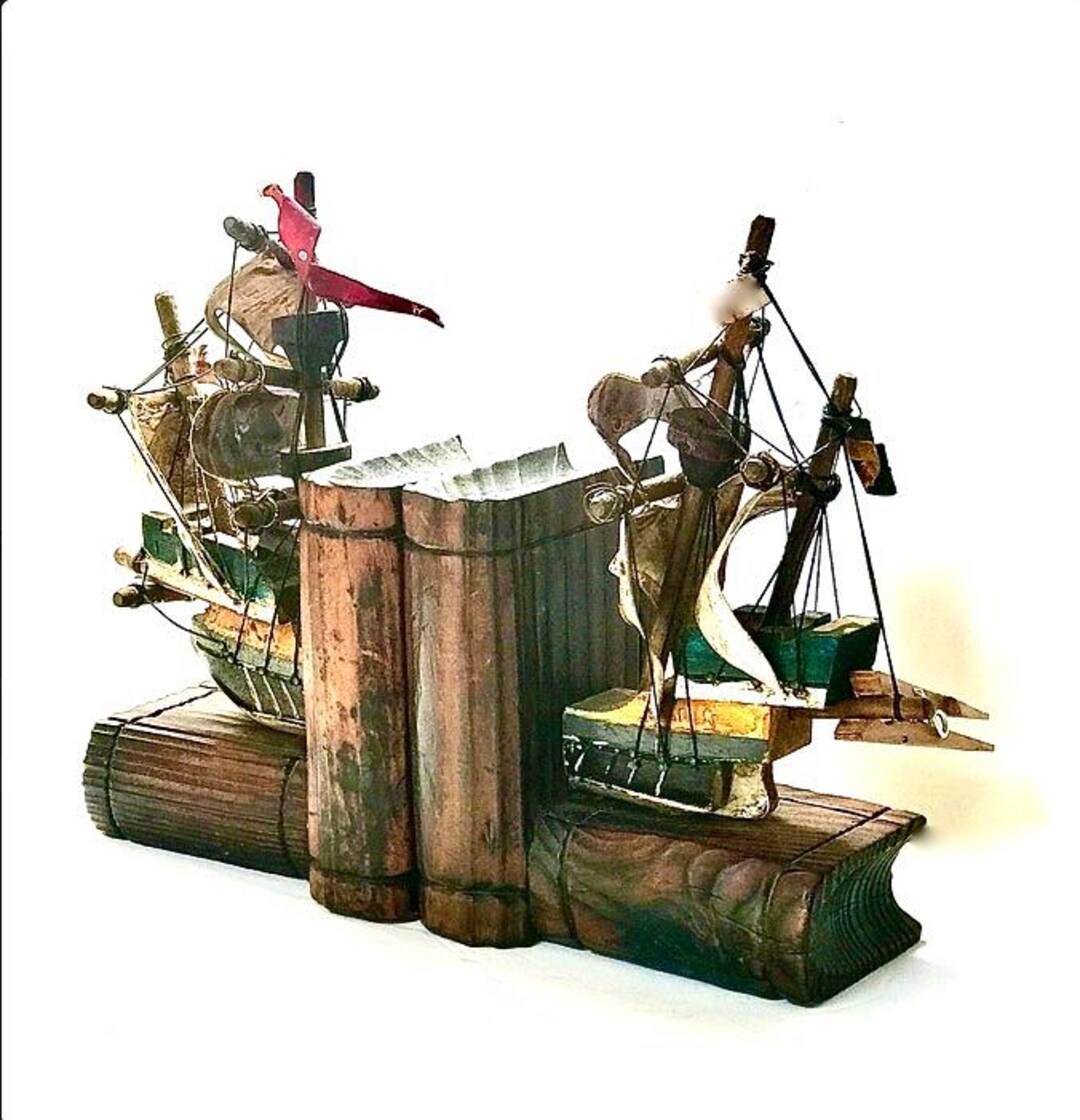 Vintage Galleon Sailing Ship Bookends Detailed Wood Body With Sails and ...