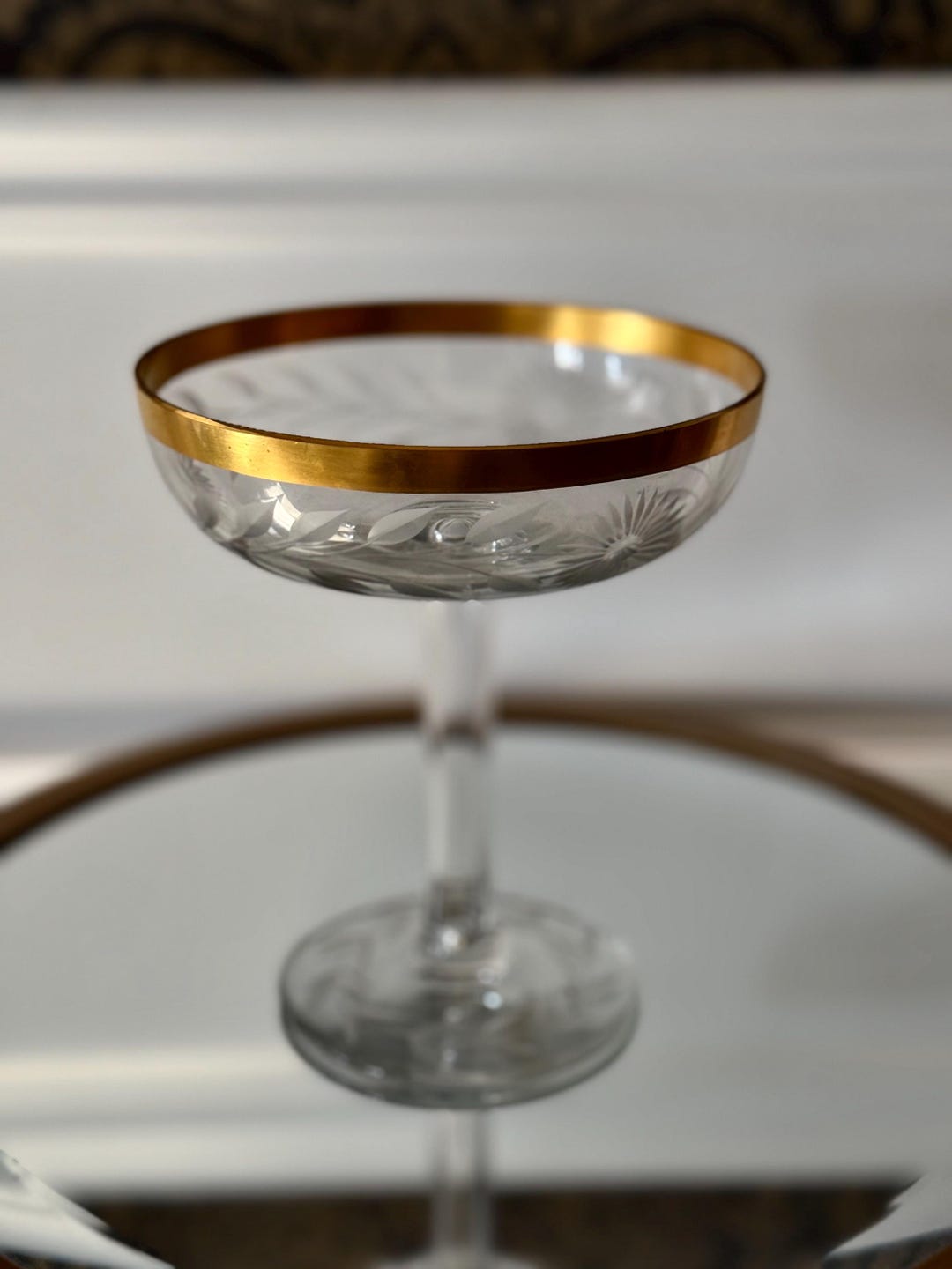 Antique Etched Crystal Compote Shallow Bowl Stemware With Gold Rim and ...