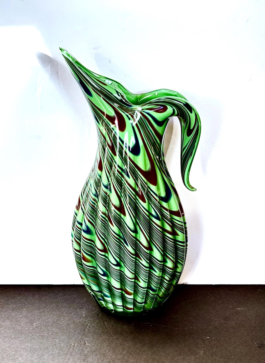 Art Glass 15 Inch Vase Pitcher Encased Green Brilliant Swirl Colored ...