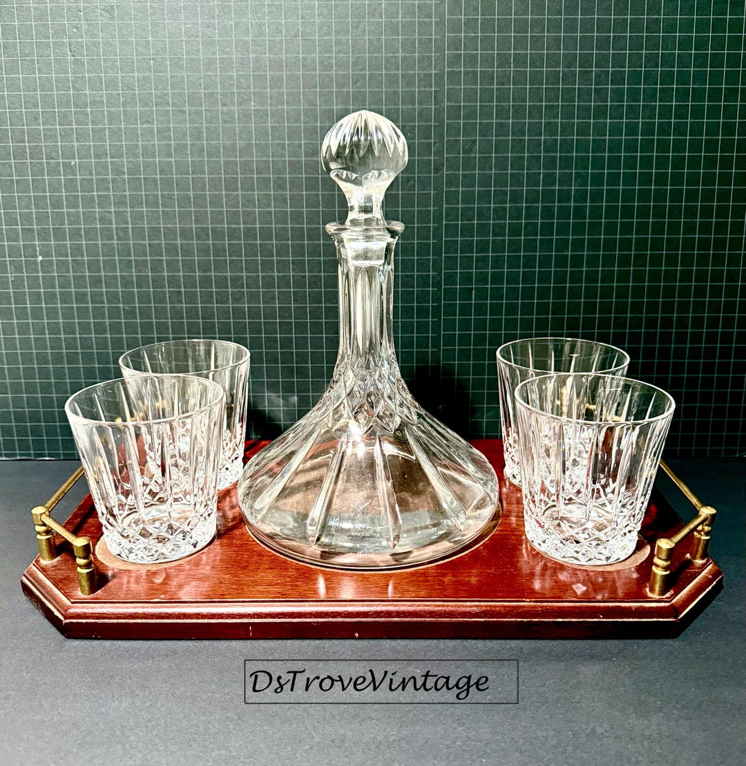 Wedgewood Crystal Decanter Set 4 Rocks Glasses, Wood and Brass Tray - Etsy