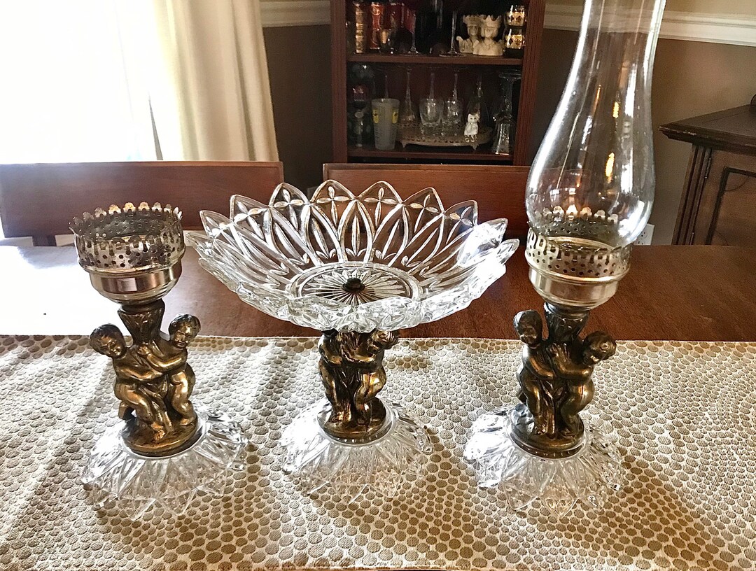 Federal Glass Putti 3pc Centerpiece Bowl and Candle Stick Holders ...