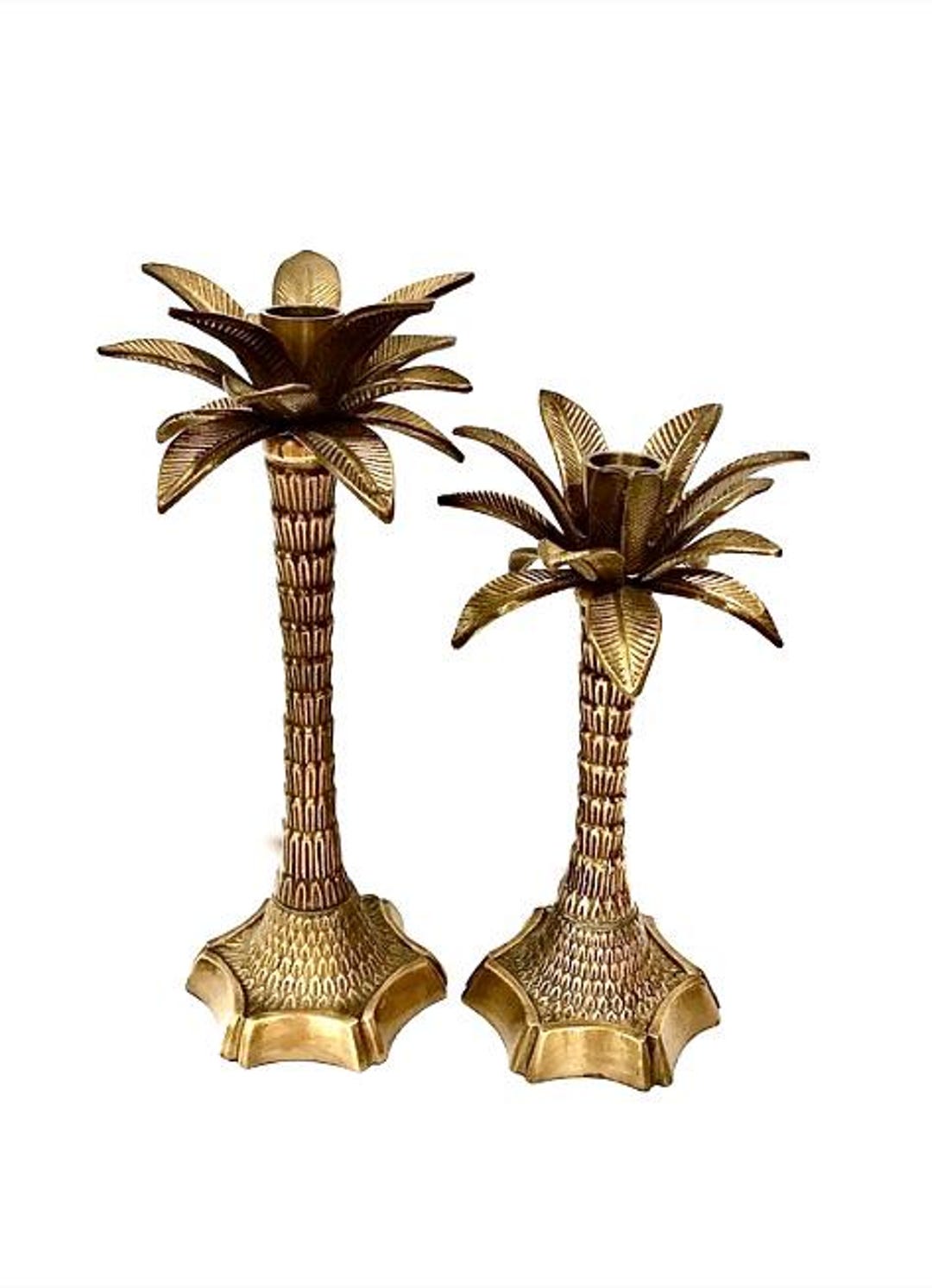 Solid BRASS Palm Tree Candle Holders 2pc Set, Vintage Eclectic Brass ...