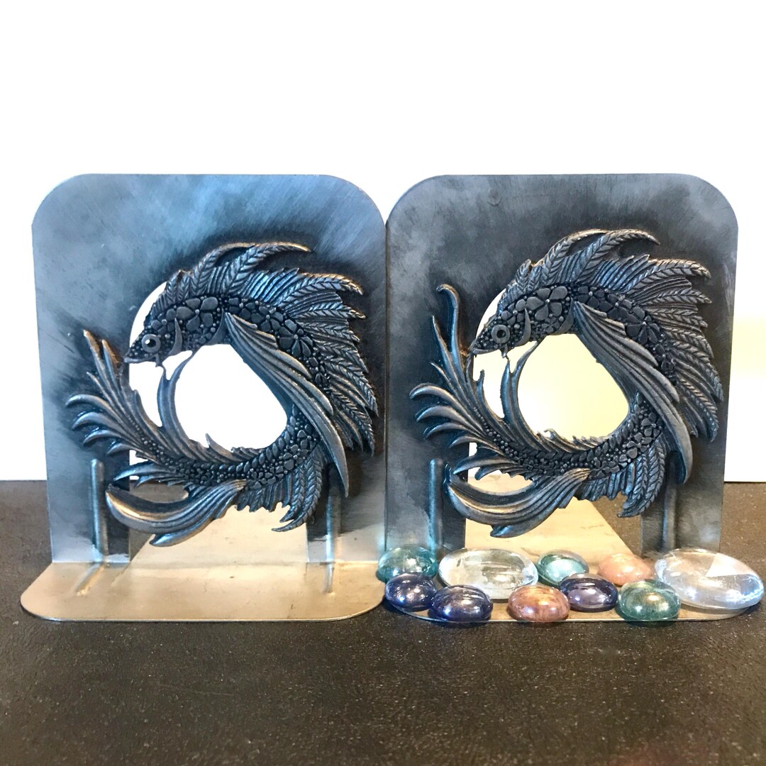 Vintage Metzke Pewter Bookends With Reticulated Fanciful Koi Fish Motif ...