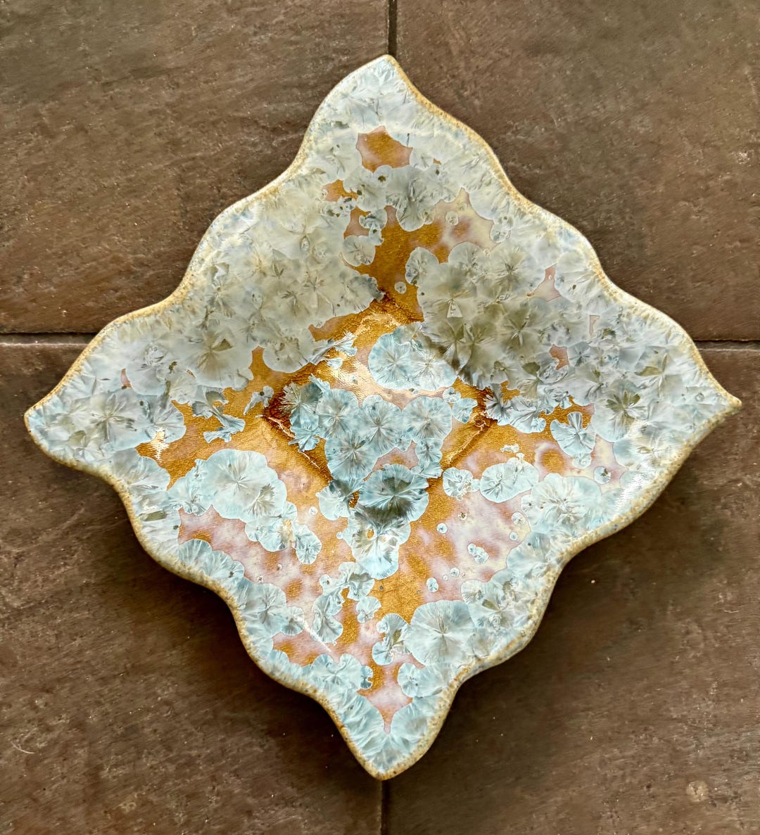 Crystalline Pottery Dish: Shimmering Aqua Blue Starburst, Signed Metz ...